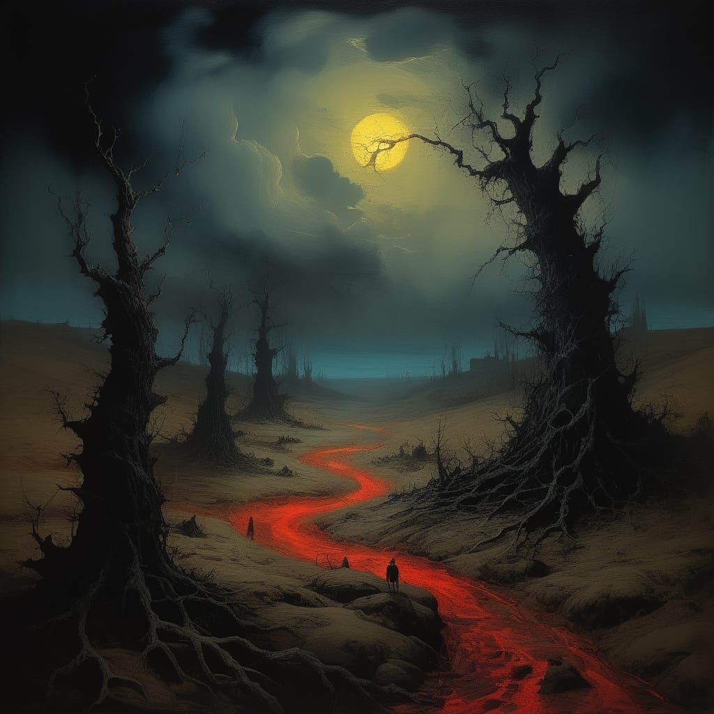 Grotesque Figure in a Twisted, Hellish Landscape - AI Art