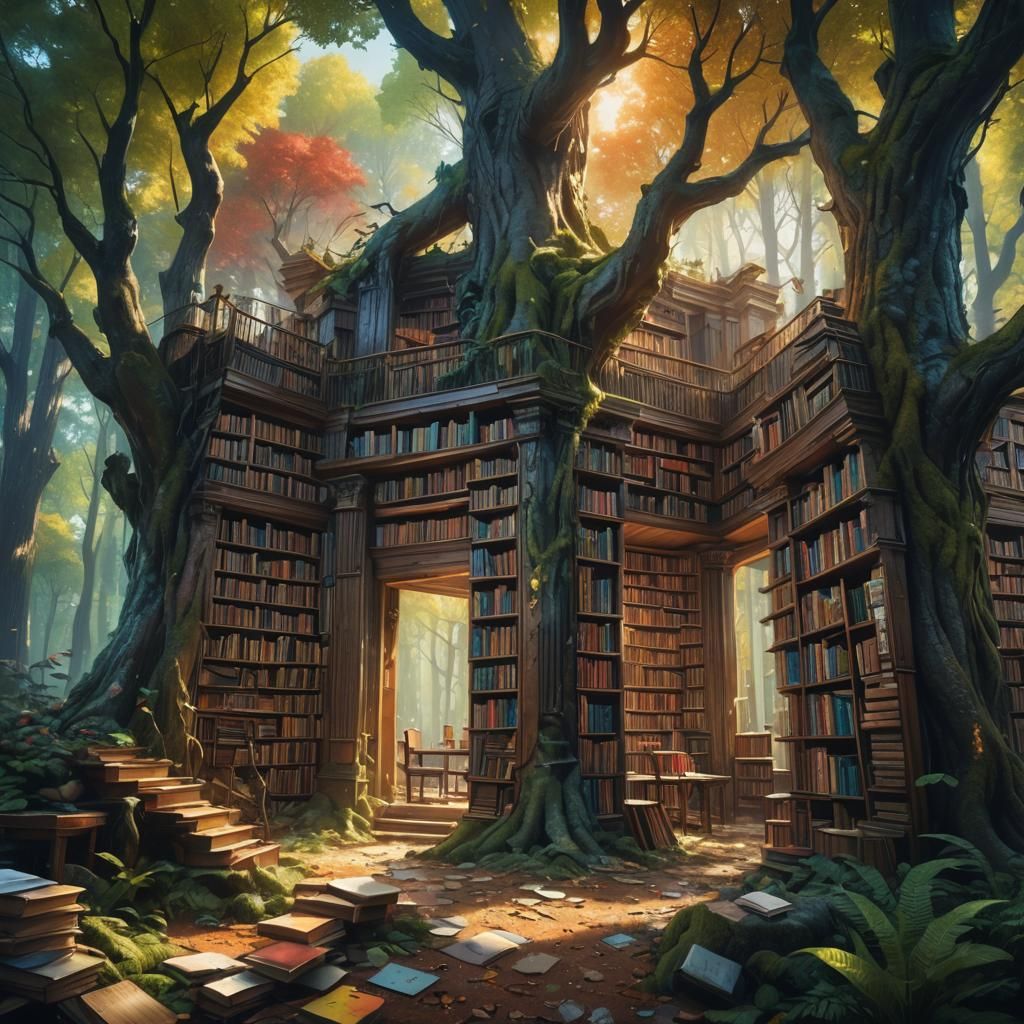 Never ending library in the forest - AI Generated Artwork - NightCafe ...
