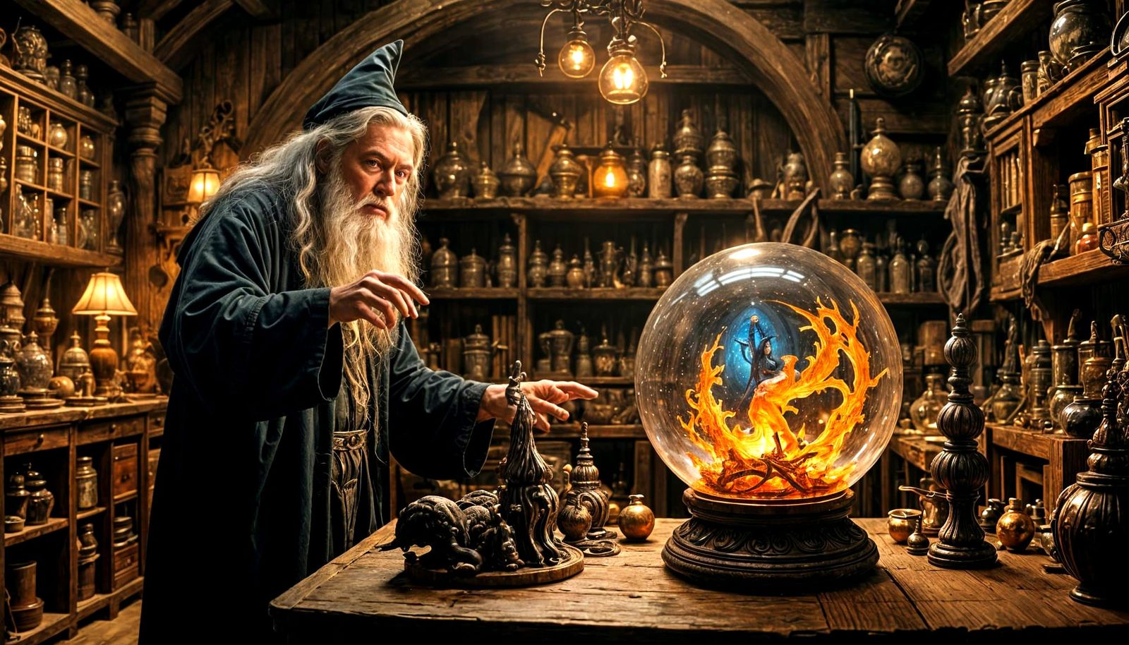 A Wizard Contemplates a Witch in a Glass Orb, Unde... - AI Art