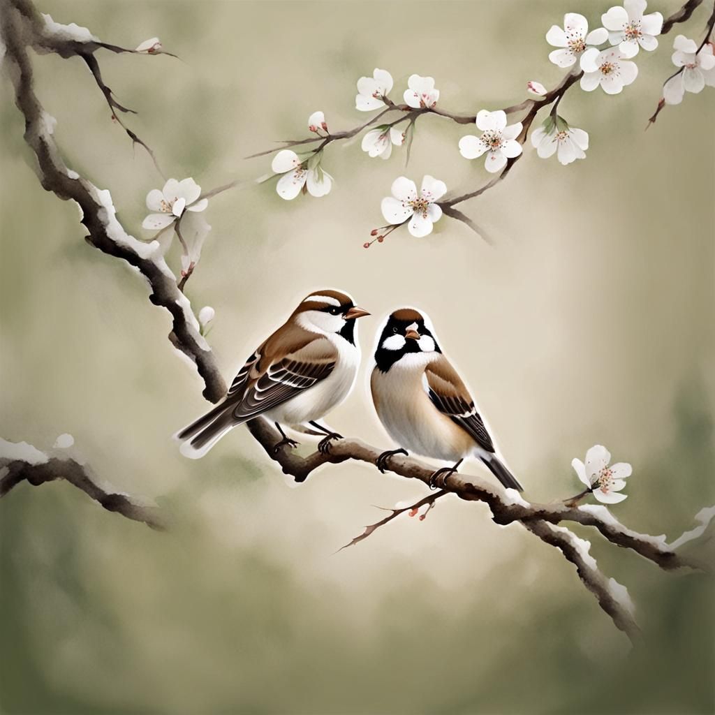 Chinese baishi style, sparrows - AI Generated Artwork - NightCafe Creator