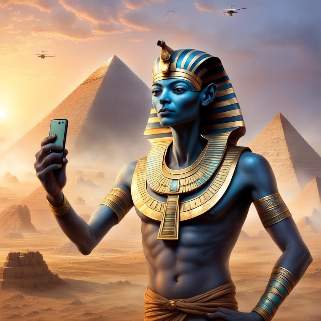 An ancient Egyptian alien taking a selfie whilst the pyramids are being ...