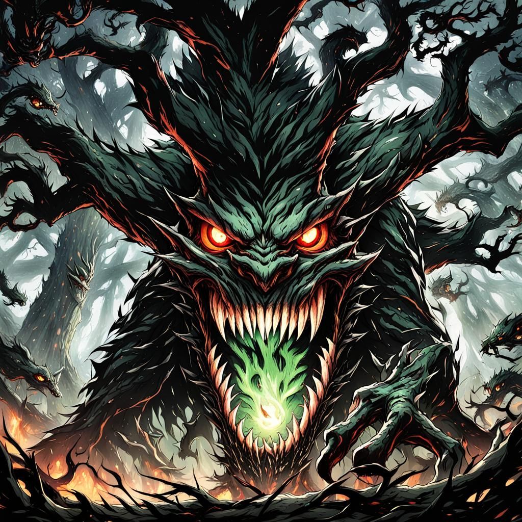Big demonic tree that has sharp teeth and light glowing eyes and ...