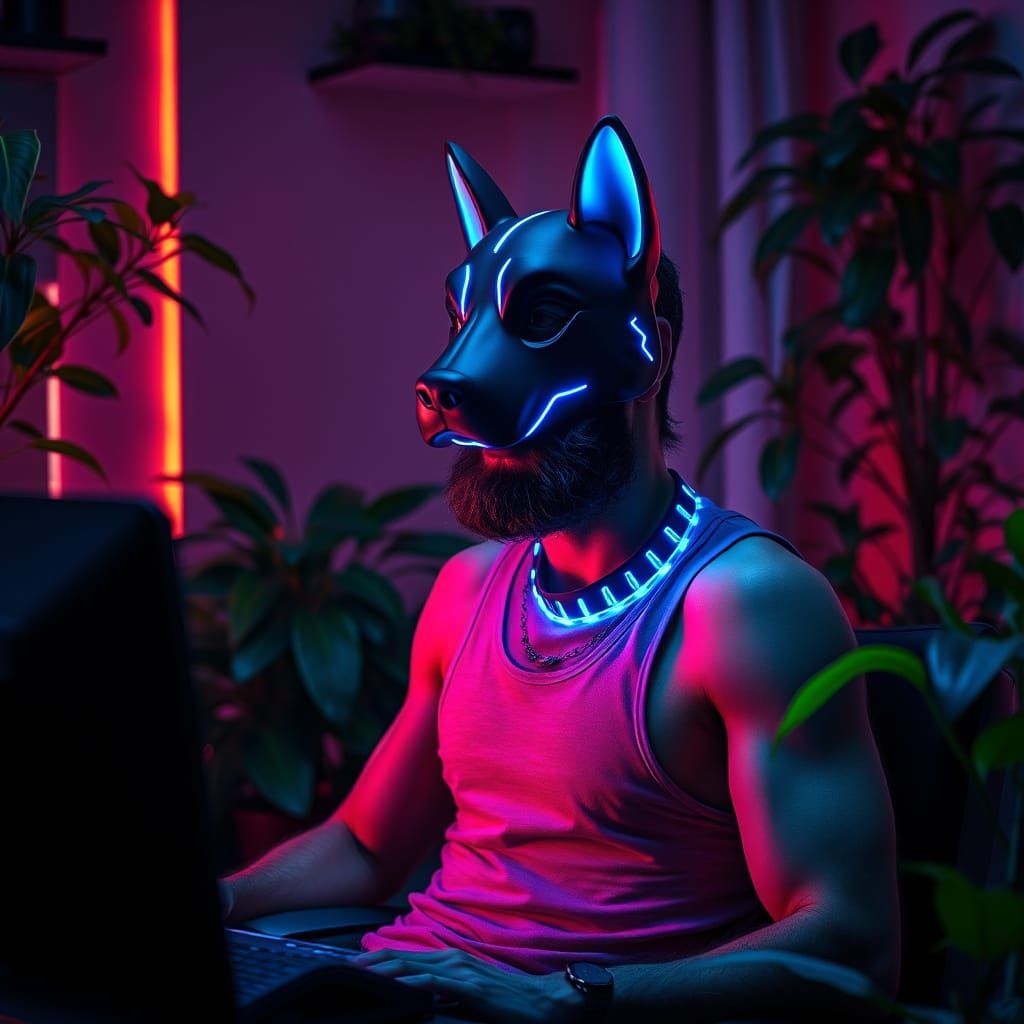 Muscular Gamer with Quirky Dog Mask in Neon-Lit La... - AI Art