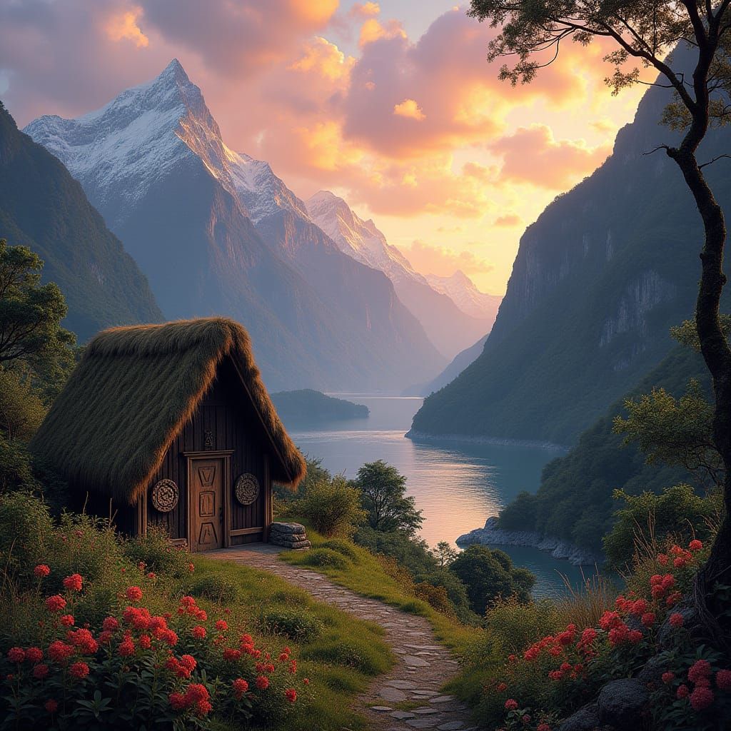 Romanticized New Zealand Landscape with Maori Carv... - AI Art