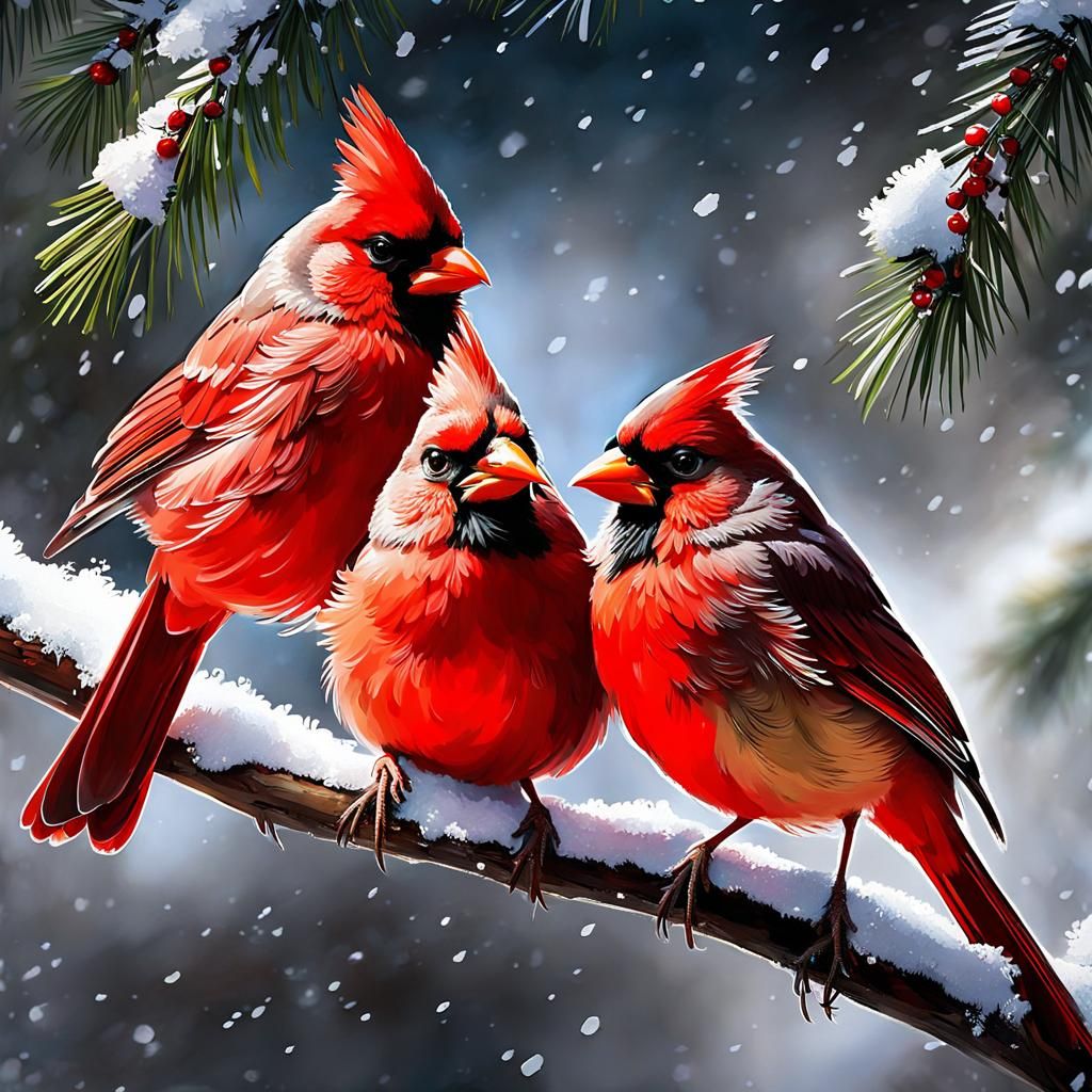 Red Cardinal Family Perched on Snowy Branch - AI Generated Artwork ...
