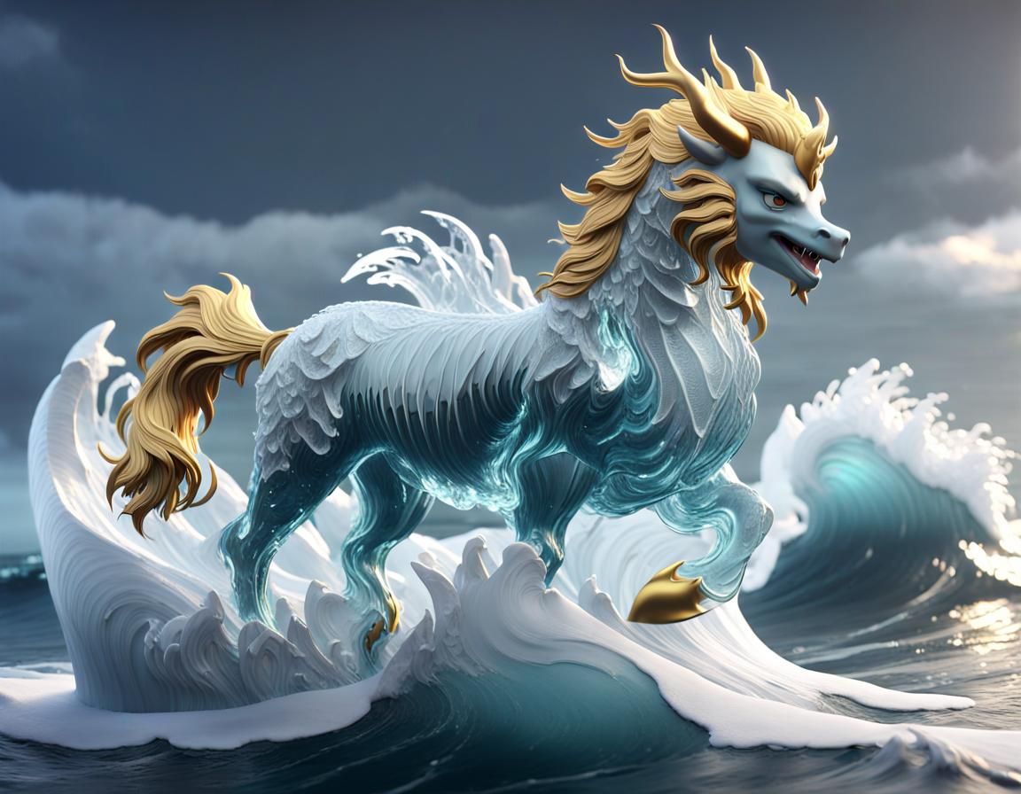 Ice sculpture, Kirin riding on the waves - AI Generated Artwork ...