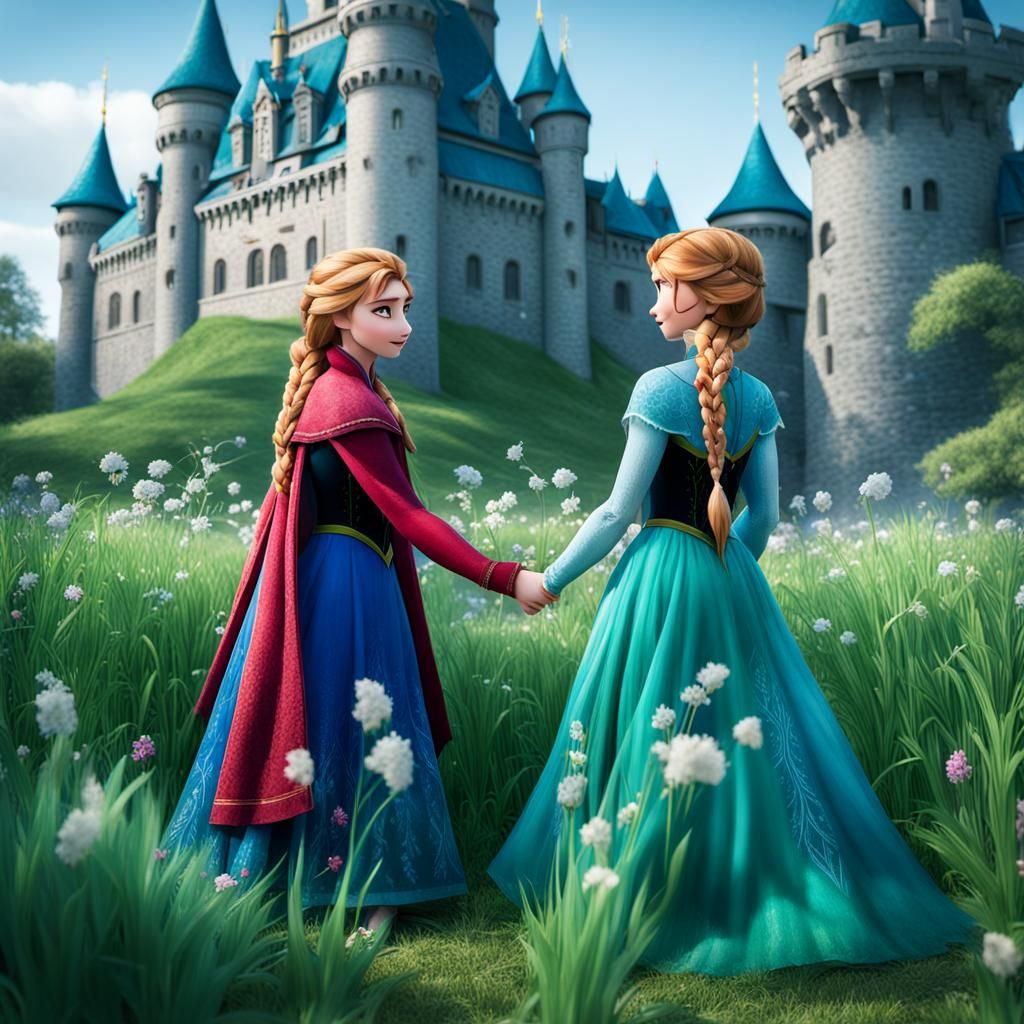 Elsa and Anna of "Frozen". Red braids, blue dress, green grass.Spring ...