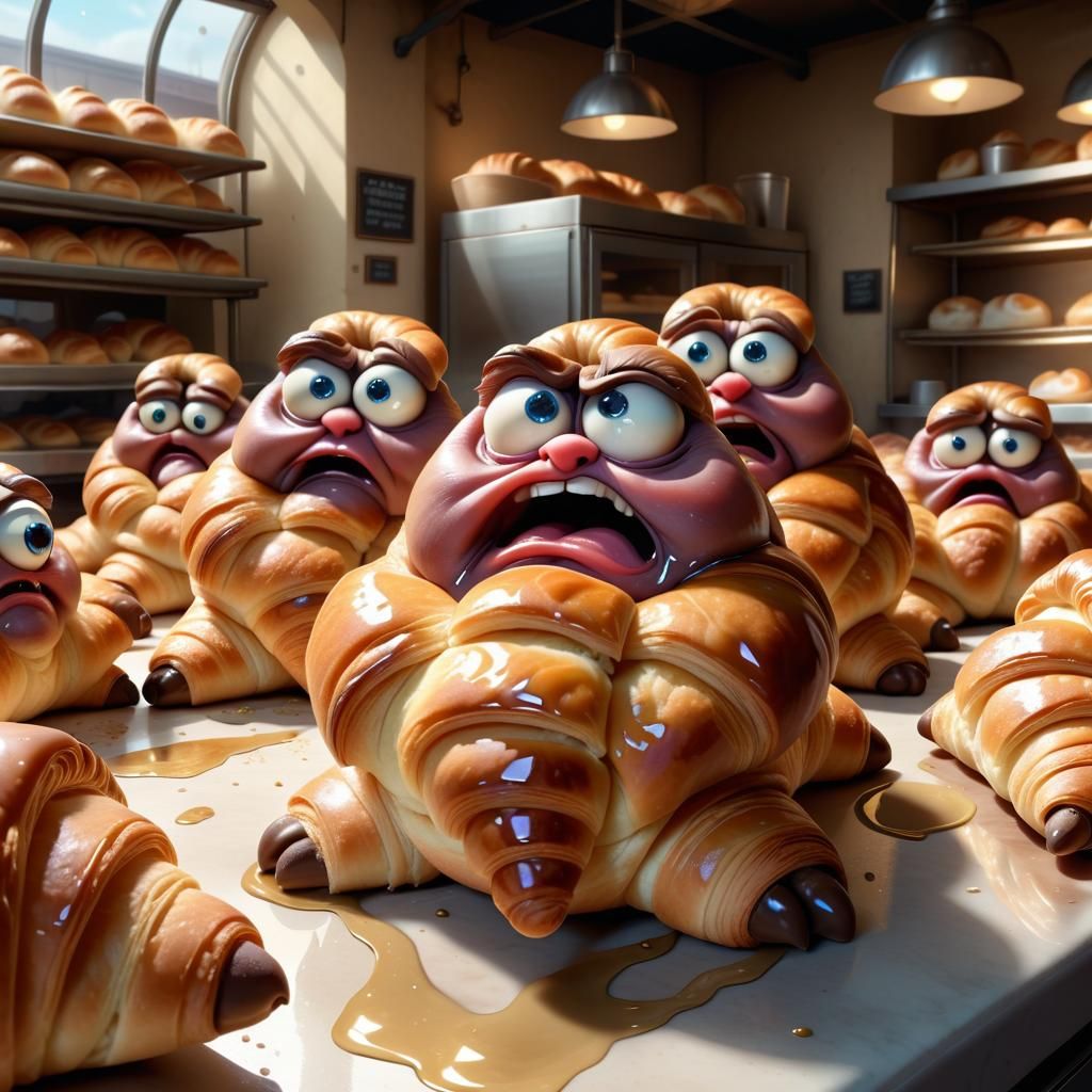 funny grumpy, crying croissants with googly eyes in a bakery not ...