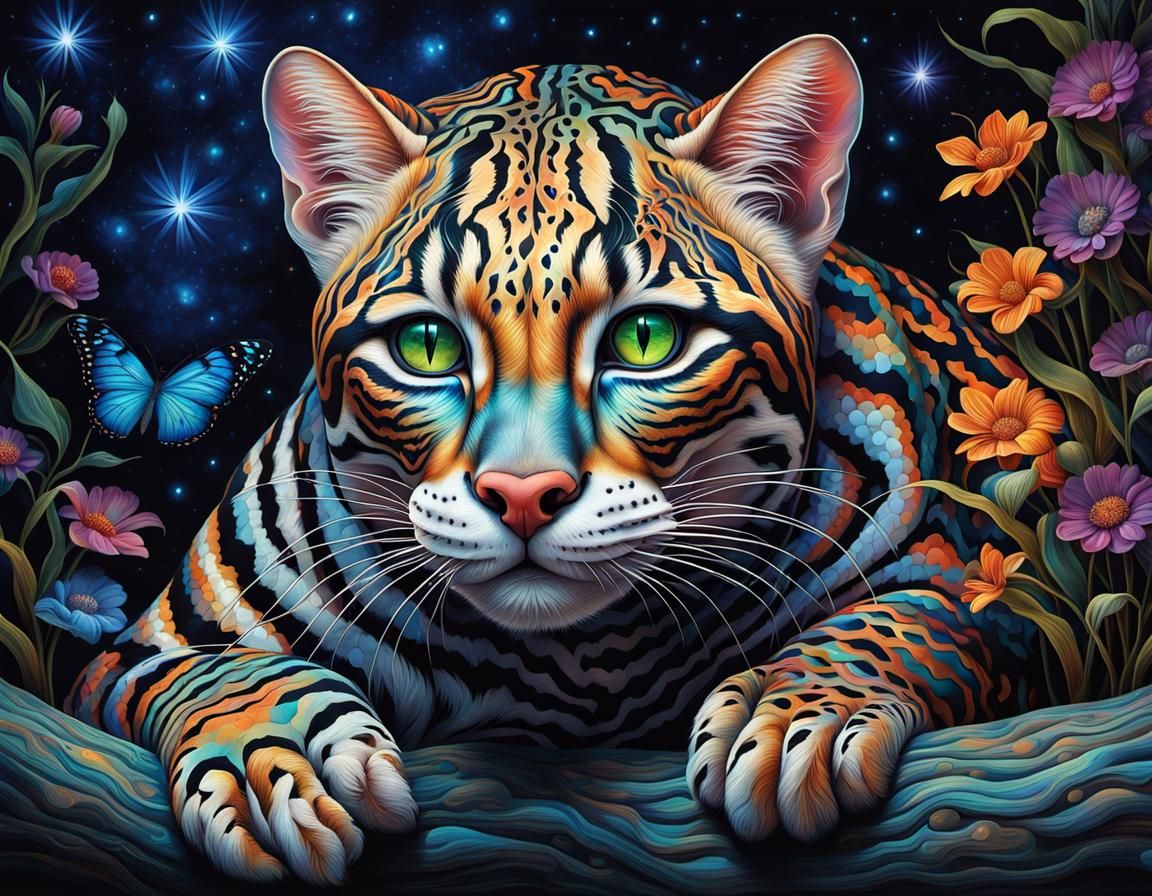 Ocelot Yearling and Butterfly - AI Generated Artwork - NightCafe Creator