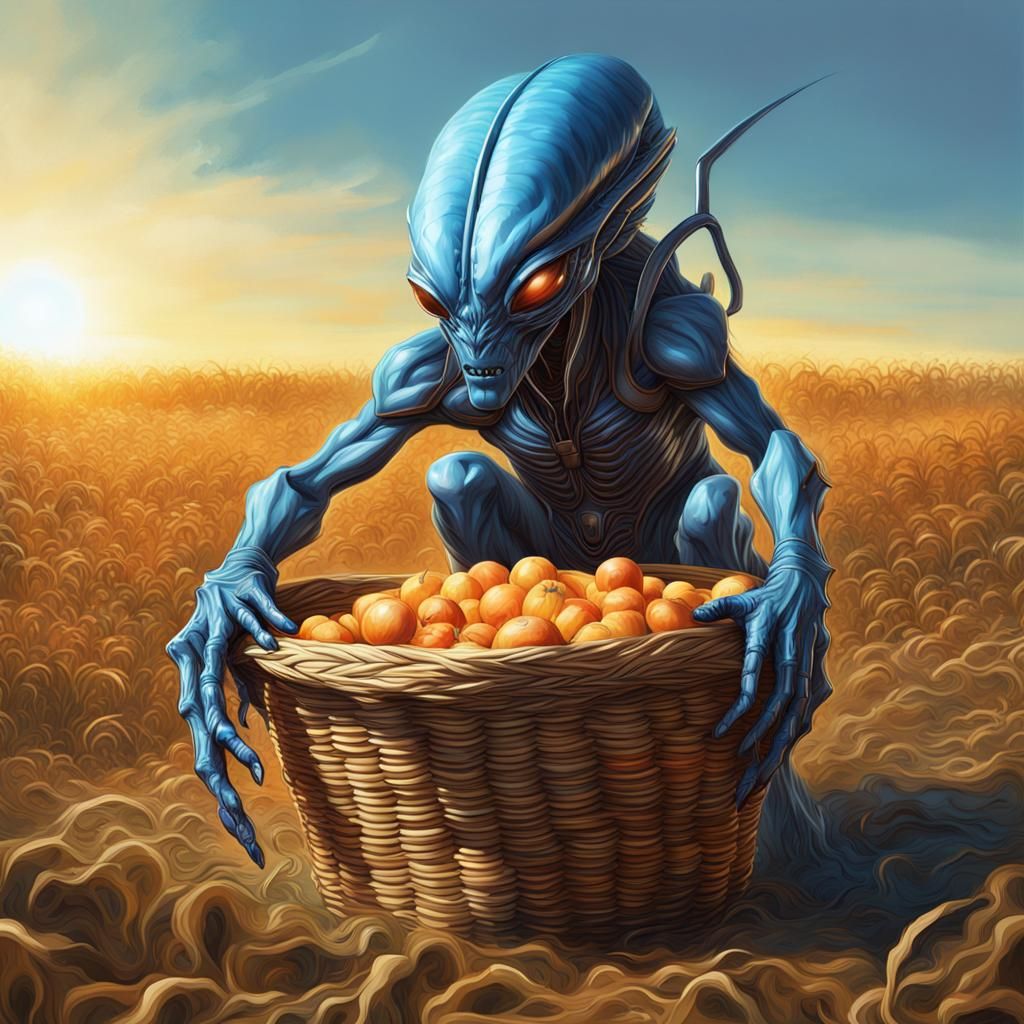 Alien insectoid, small head, working farm land collecting food in ...