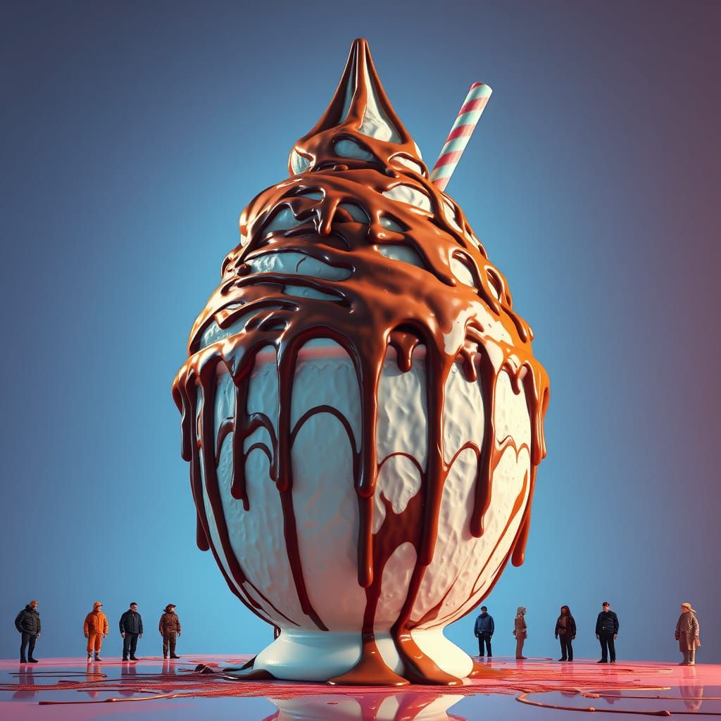 A giant sculpture of an ice cream sundae covered in dripping brown paint.