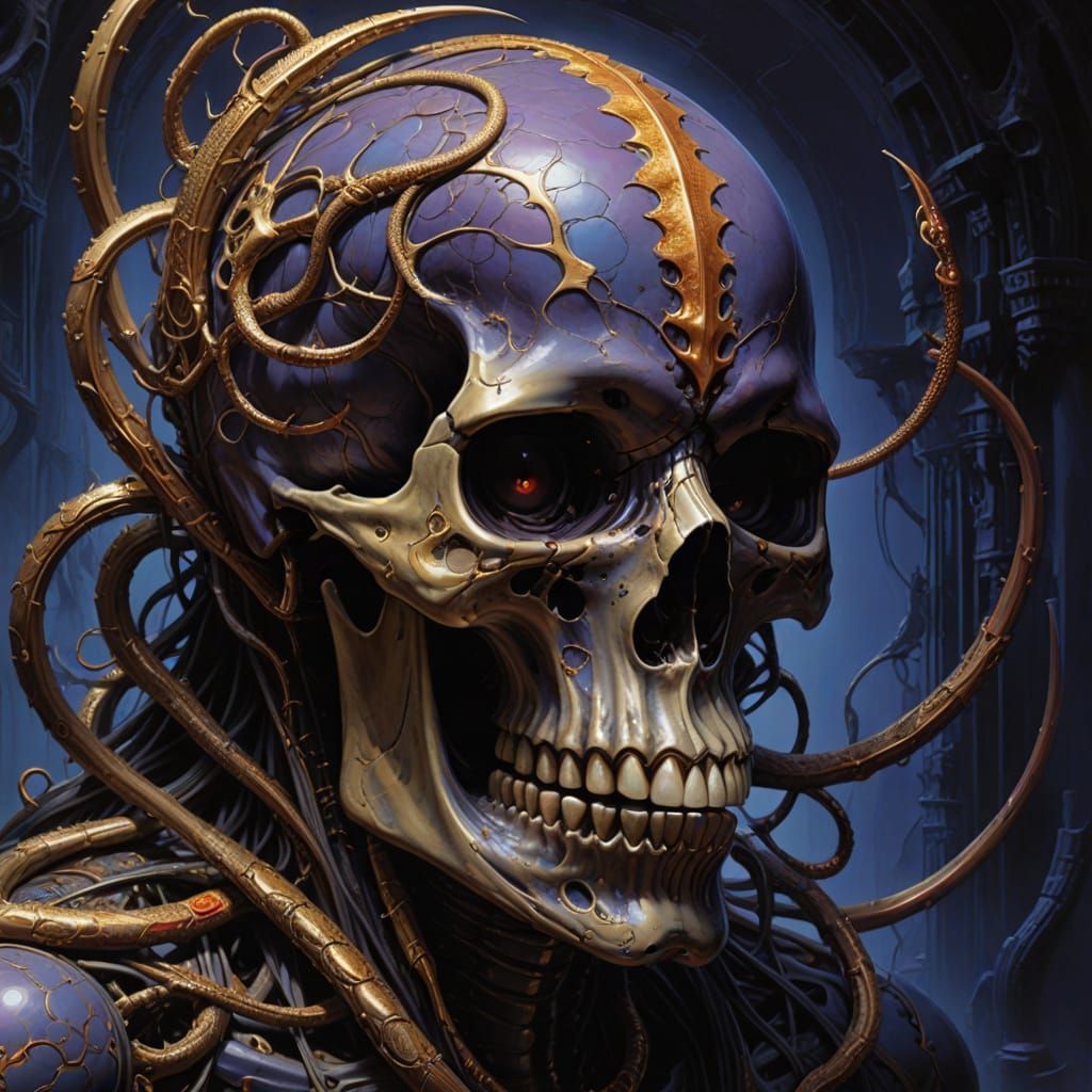 A meticulously detailed, hyper-realistic skull with glowing red-gold ...