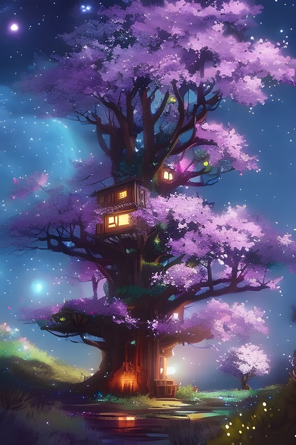"gorgeous_fantasy treehouse in front of starry sky!!! lots of stars ...