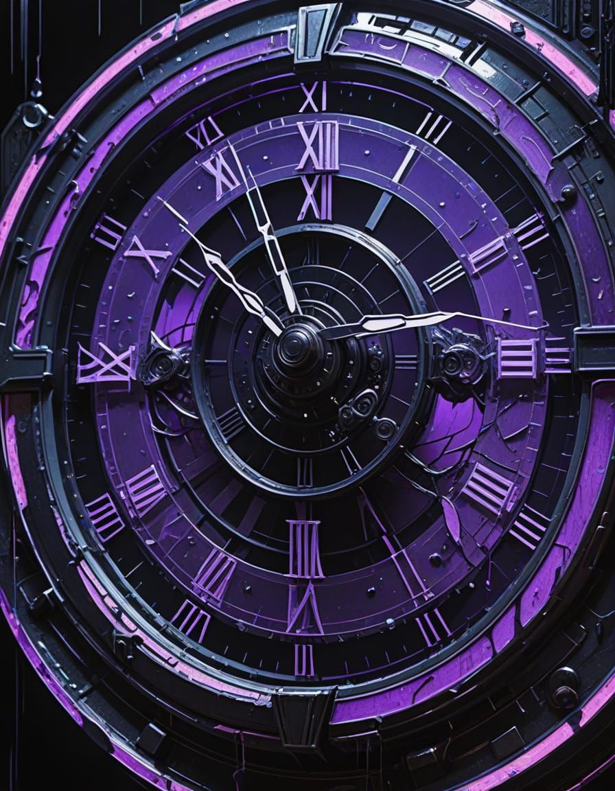 Gothic Clock Face Distorted by Rain and Neon - AI Art