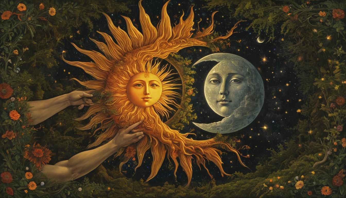 an image of a sun and moon reaching out to each other, half the image ...