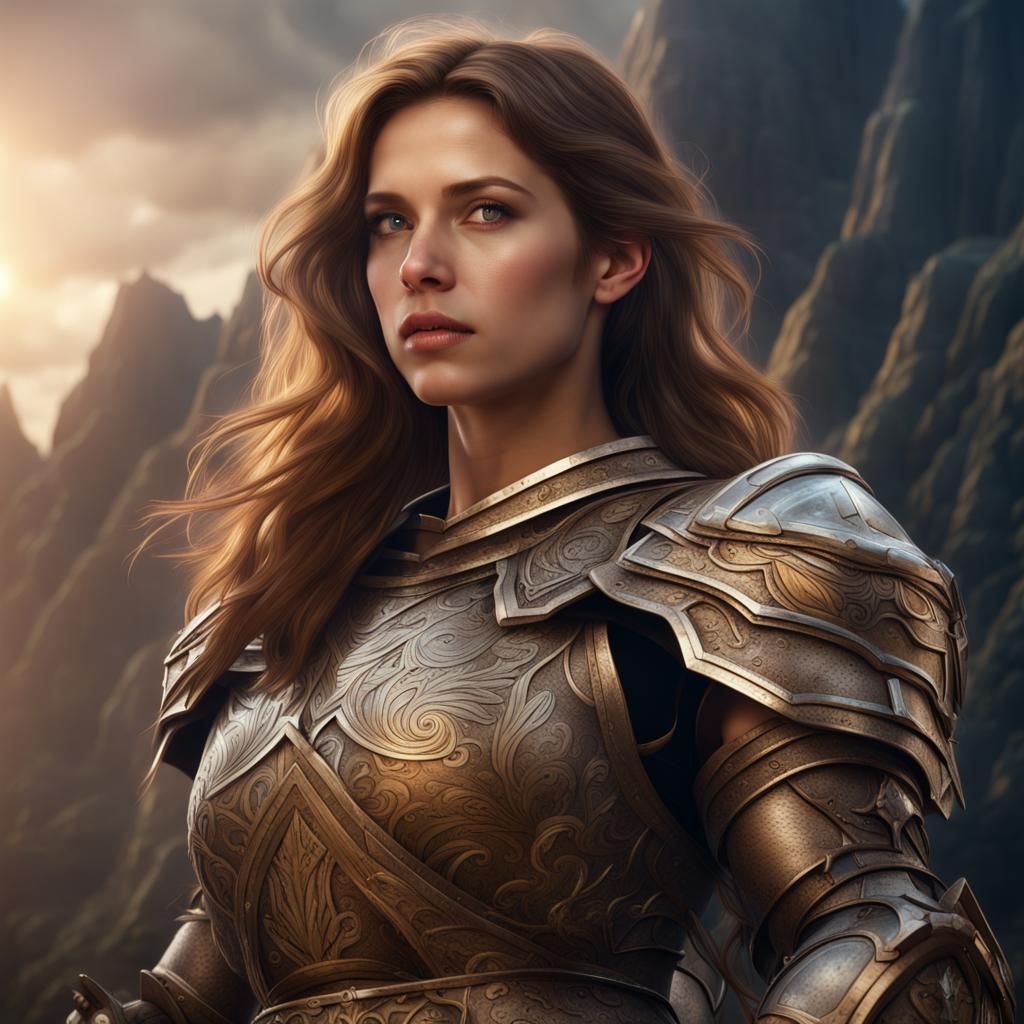 Brown haired young woman wearing the armor of God looking down from ...