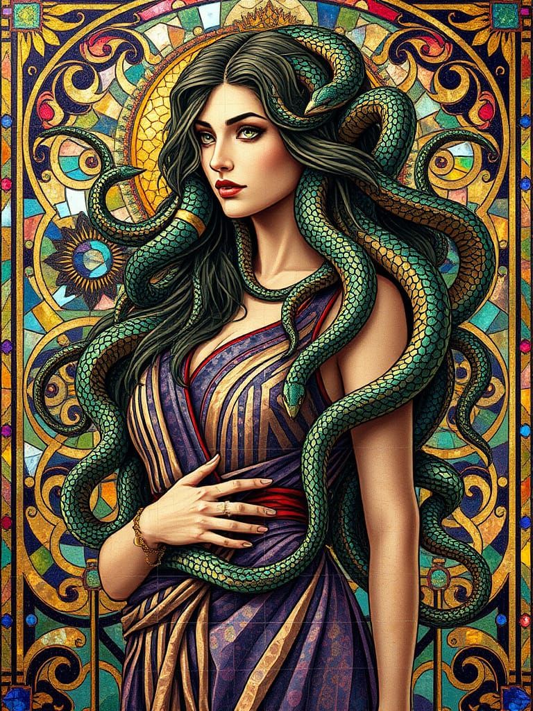 A majestic woman with serpentine locks of snakes intertwined with ...