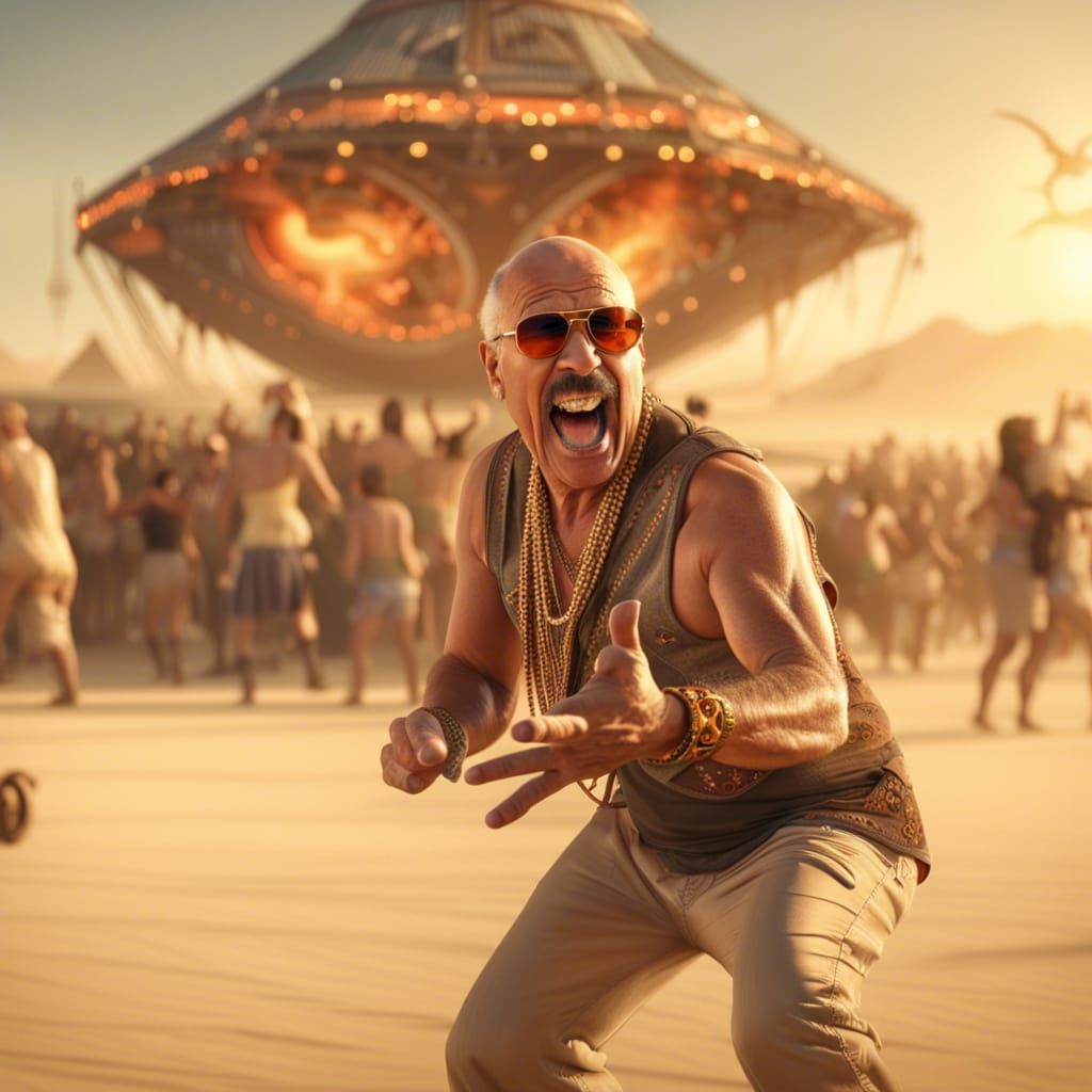 Boomer dad playing air guitar at Burning Man festival - AI Generated ...