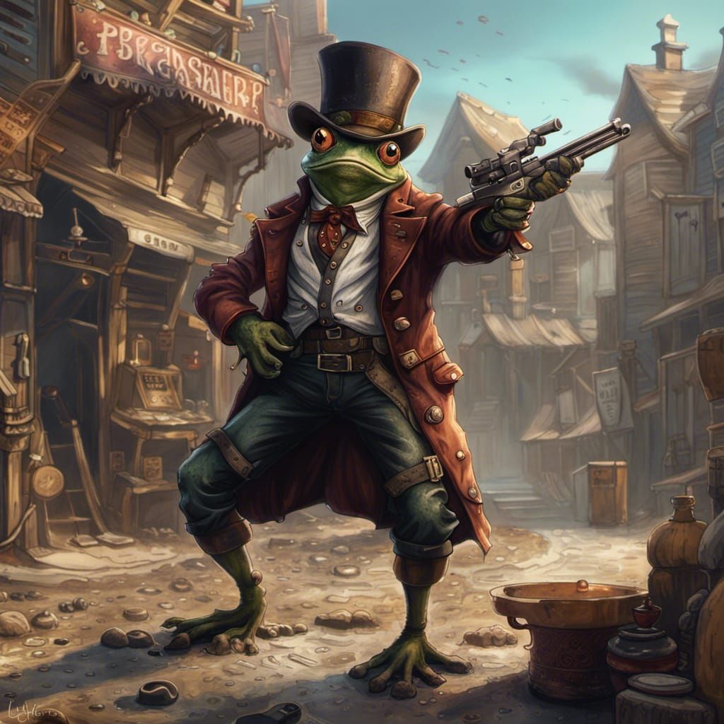 Gunslinger dnd character, froglike, not human, cute frog, gun out ...