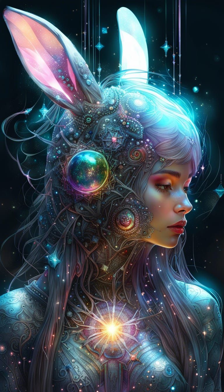 Cyber rabbit girl pulling iridescent glowing orb from her chest ...
