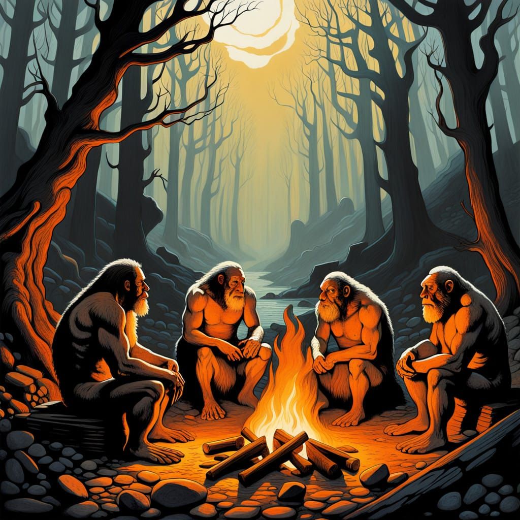 Neanderthals Gather Around a Flickering Fire in a ... - AI Art