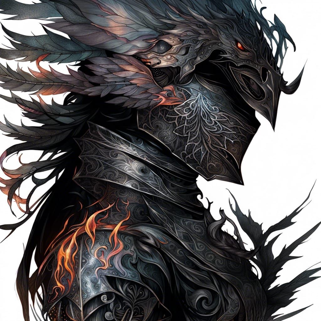 "Beautiful knight, Flaming Phoenix helmet, Dark Black color armor ...