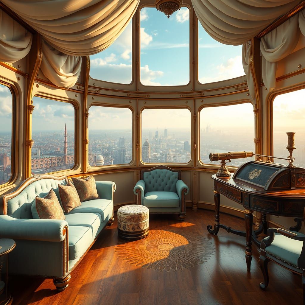 Steampunk Airship Oasis with Panoramic City View - AI Art