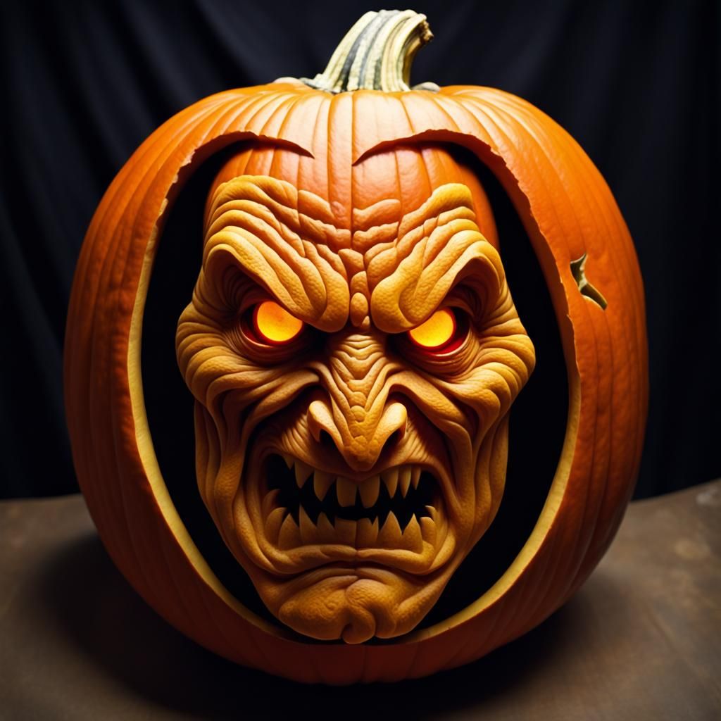 Pumpkin carved with a sinister and frightful face sinister by Greg ...