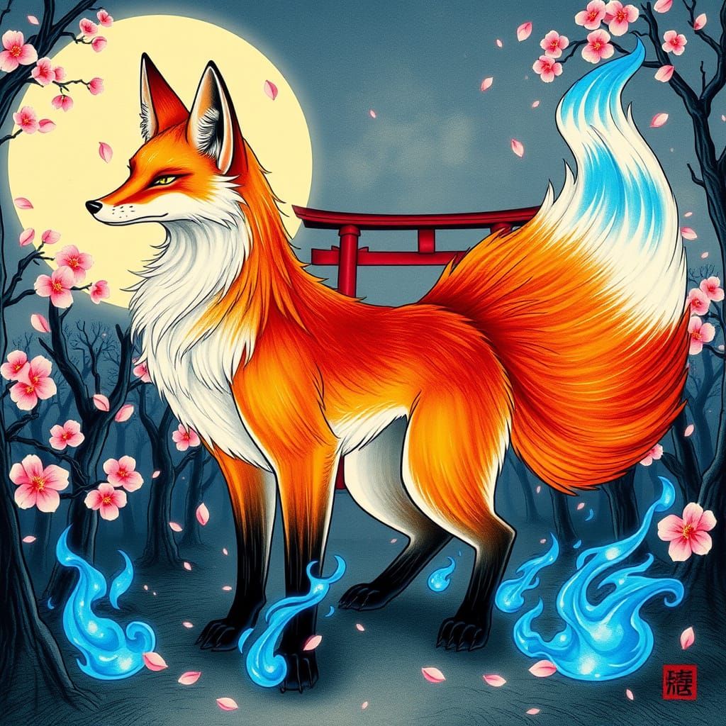 Kitsune-style blue flame fox - Kitsune in Moonlit Splendor w...