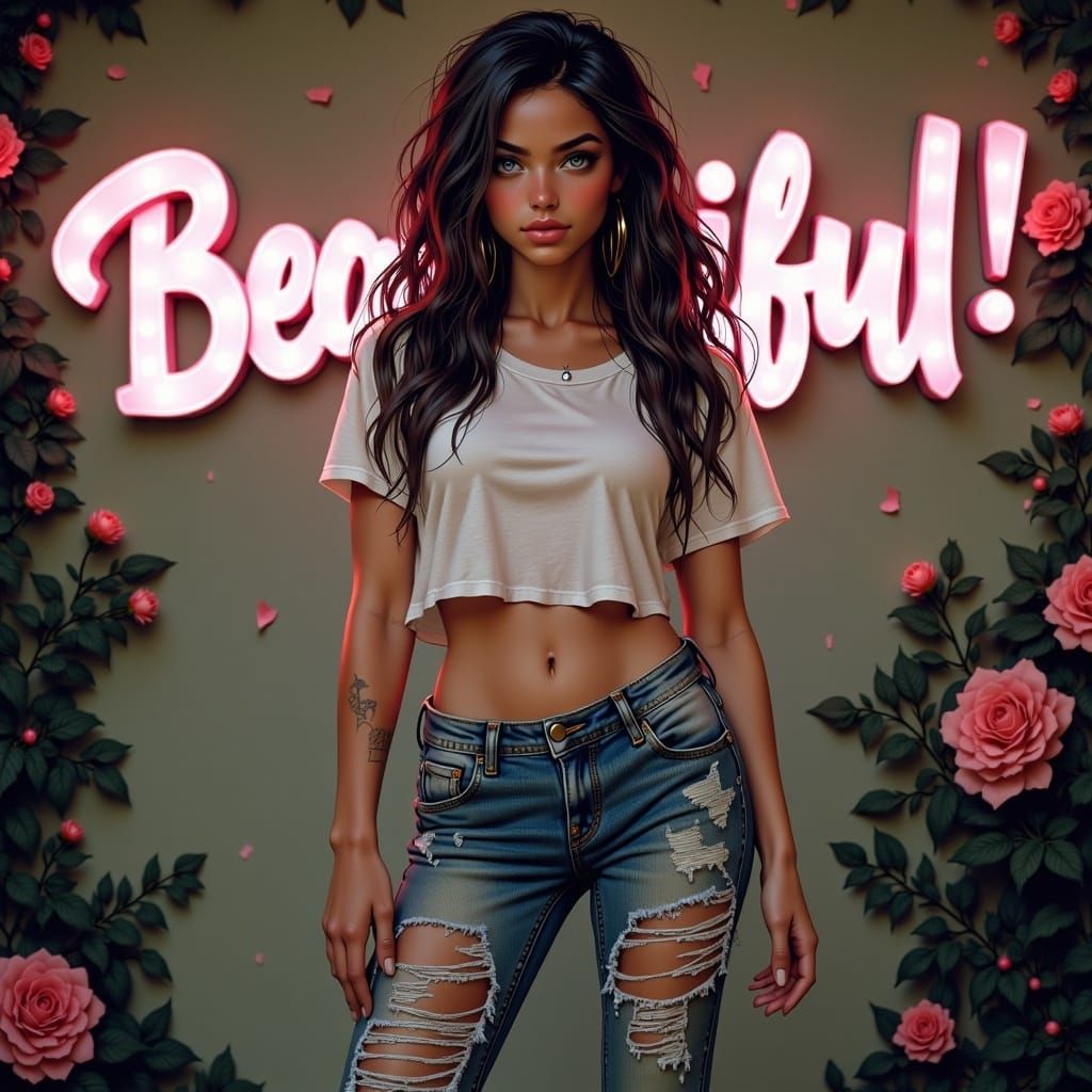 A stunningly beautiful smiling young woman in low rise jeans and crop ...