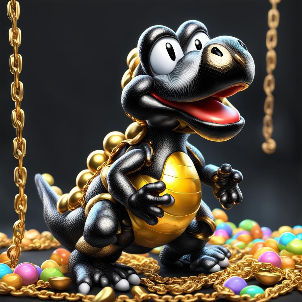 black yoshi wearing a gold chain - AI Generated Artwork - NightCafe Creator