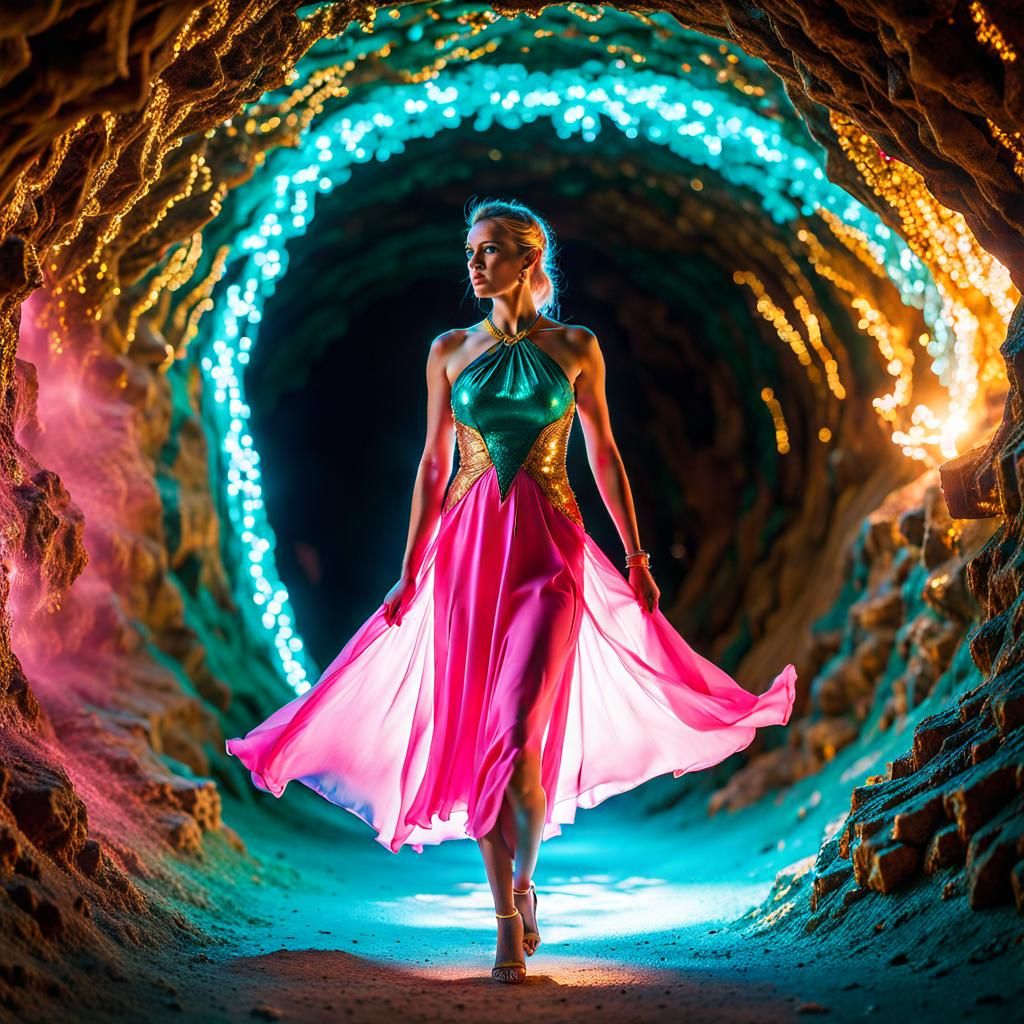 Woman in pink and gold dress walking in a cave made of glinstering ...