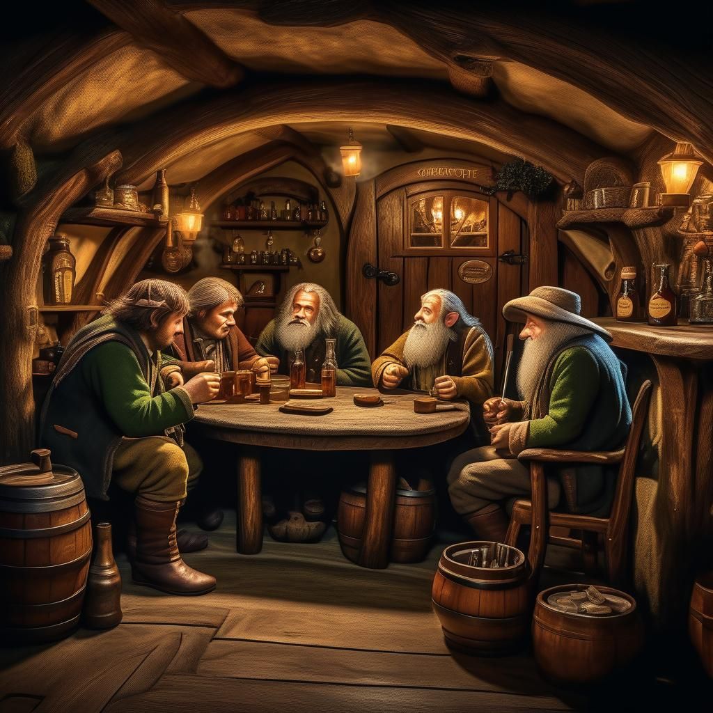 Several hobbits inside a hobbit tavern drinking and smoking, rustic ...