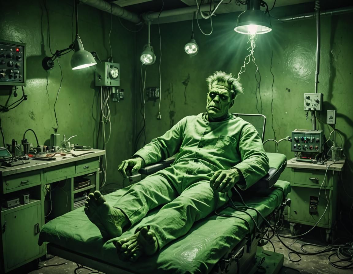 A green Frankenstein lying on an operating table, hideous dirty green ...