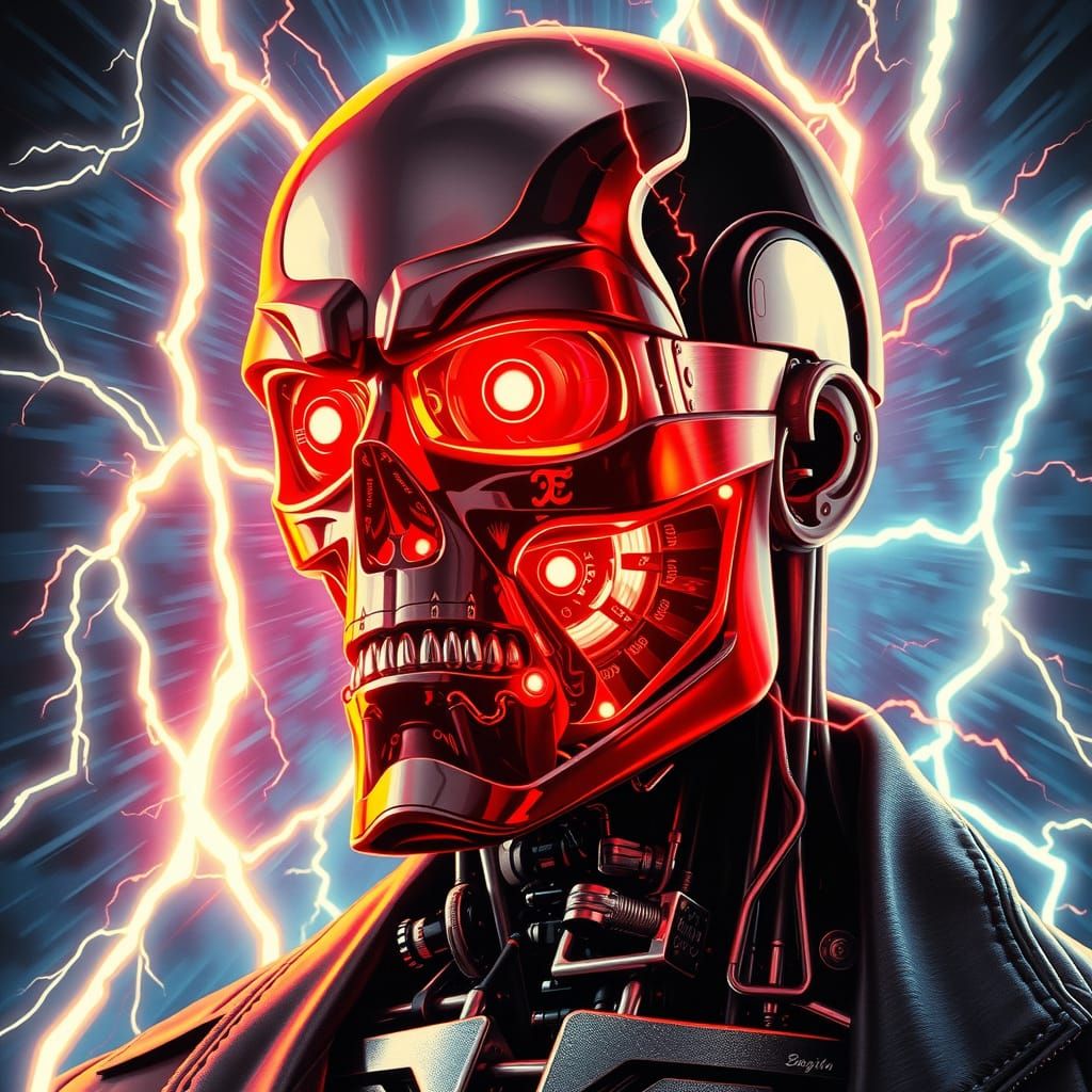 Photorealistic portrait of Terminator. Dynamic energy neon lightning ...