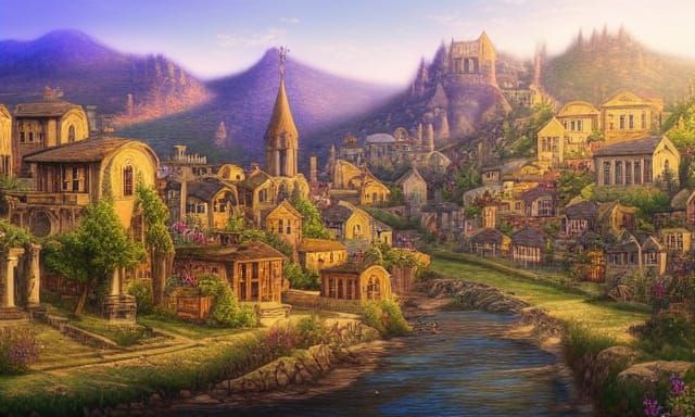 Whimsical fantasy steampunk town on steep valley riverbank with ...