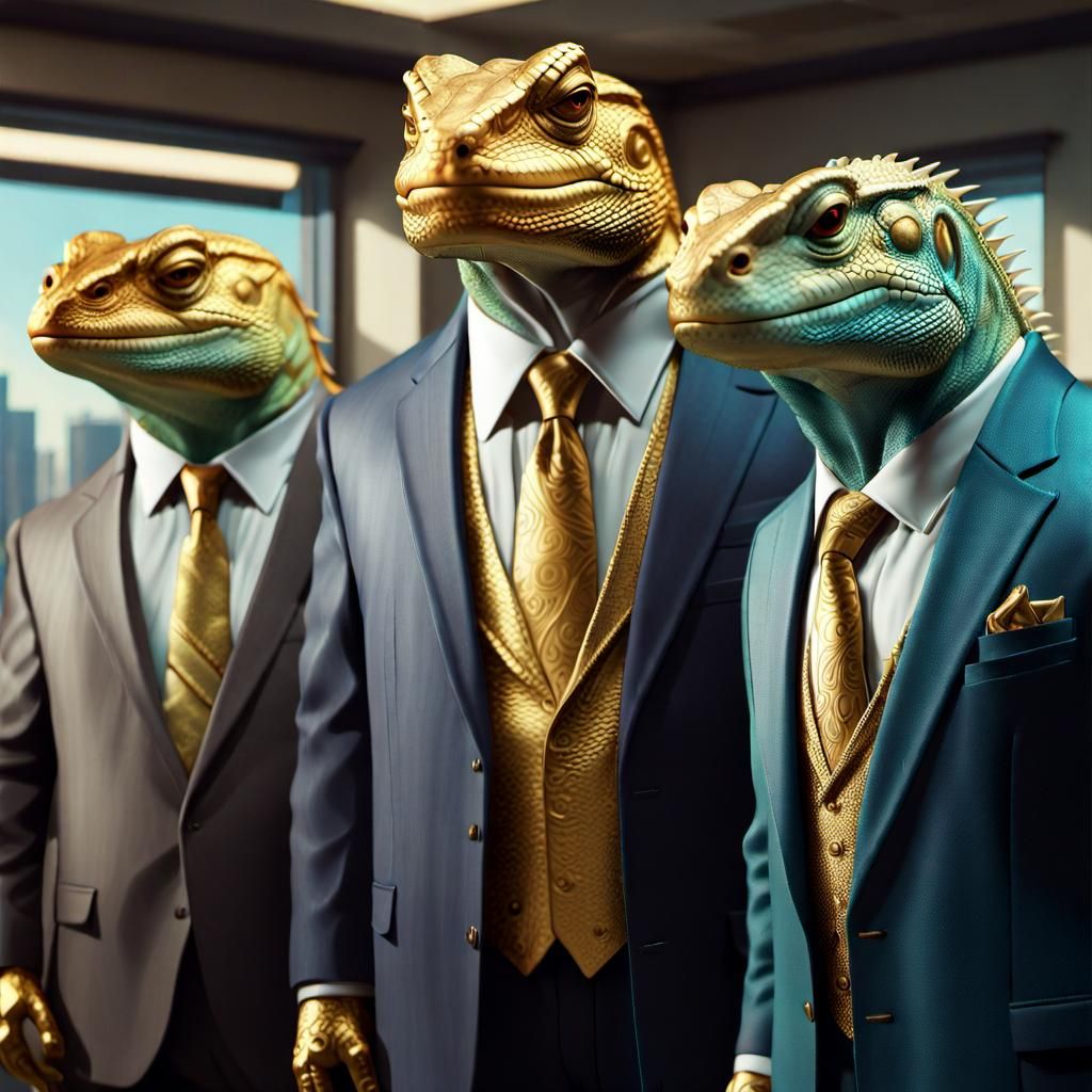 Obese Lizards wearing mob boss suits standing in an office full of gold ...