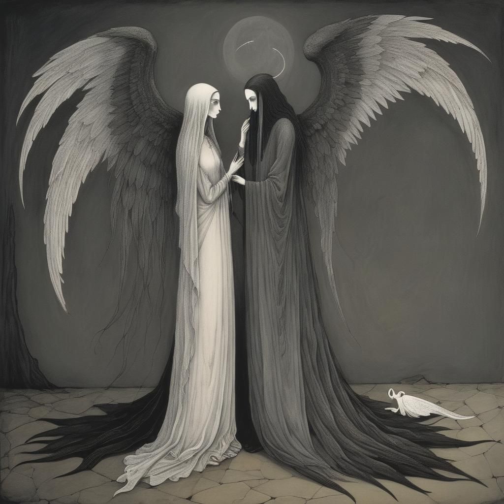 return - Fallen Angel in Dark Fantasy Landscape