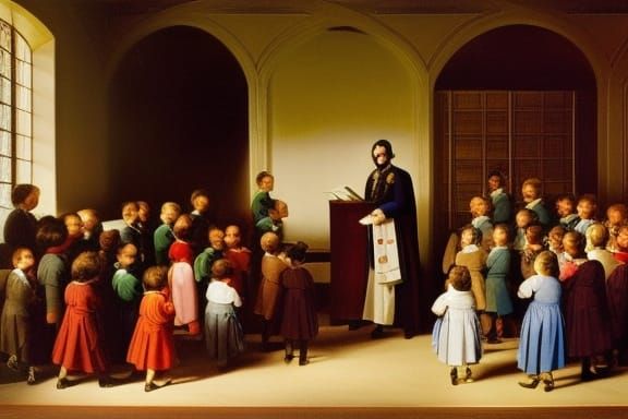 christian Brother teaching lecture to little pupils boys in a christian ...
