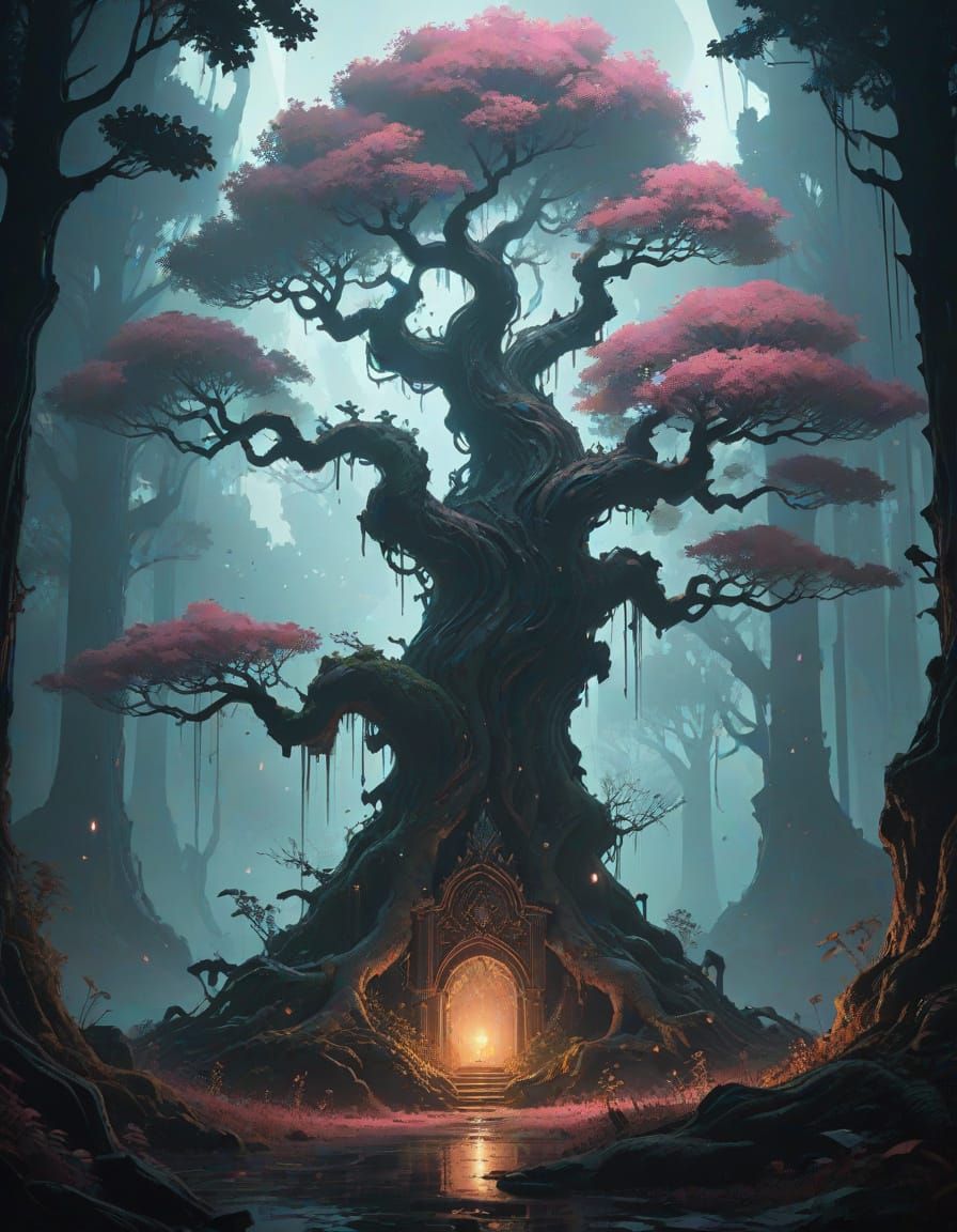 Ethereal Dark Fantasy Tree in a Moody Forest - AI Art