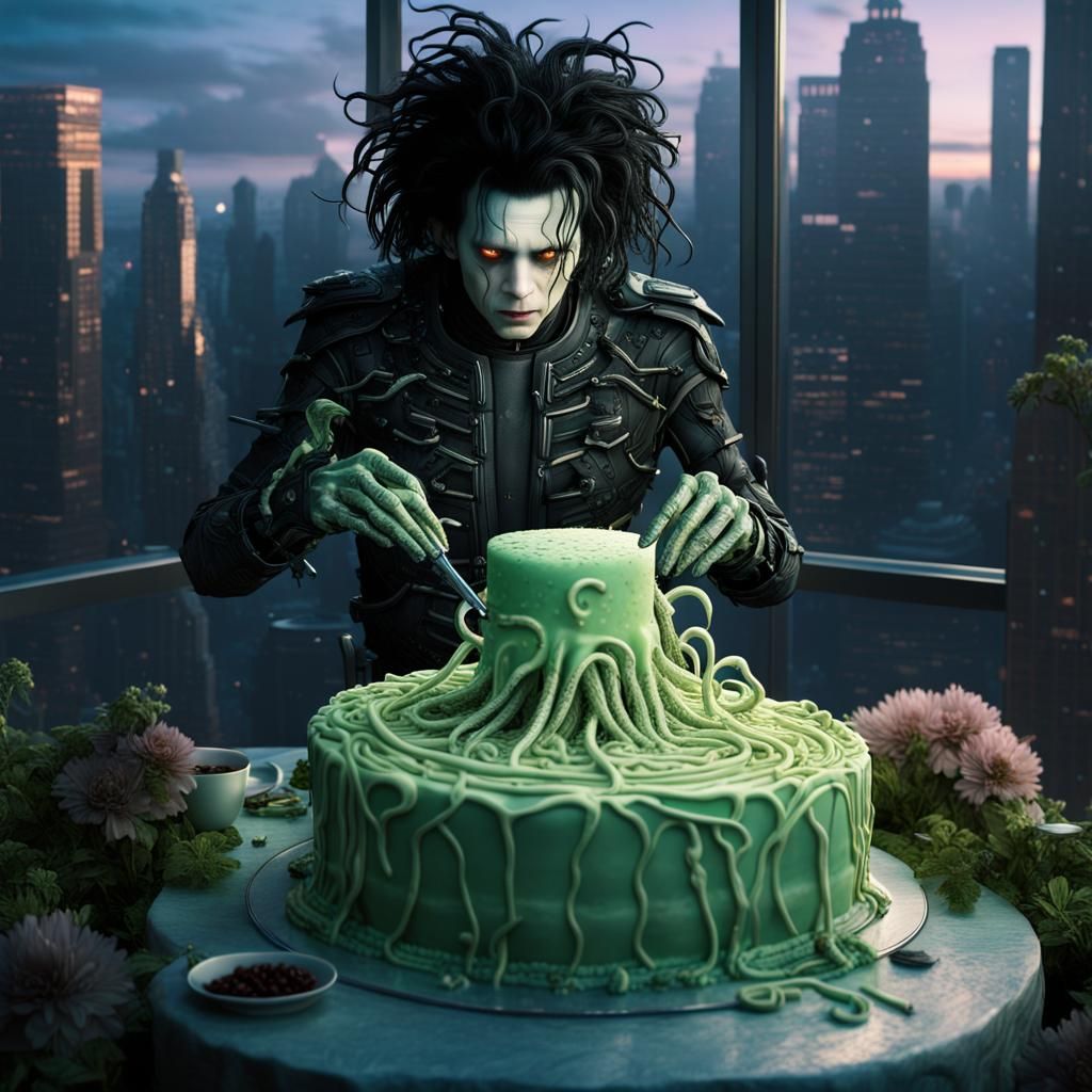 Edward scissorhands carving a cake shaped like medusa with his hands in ...