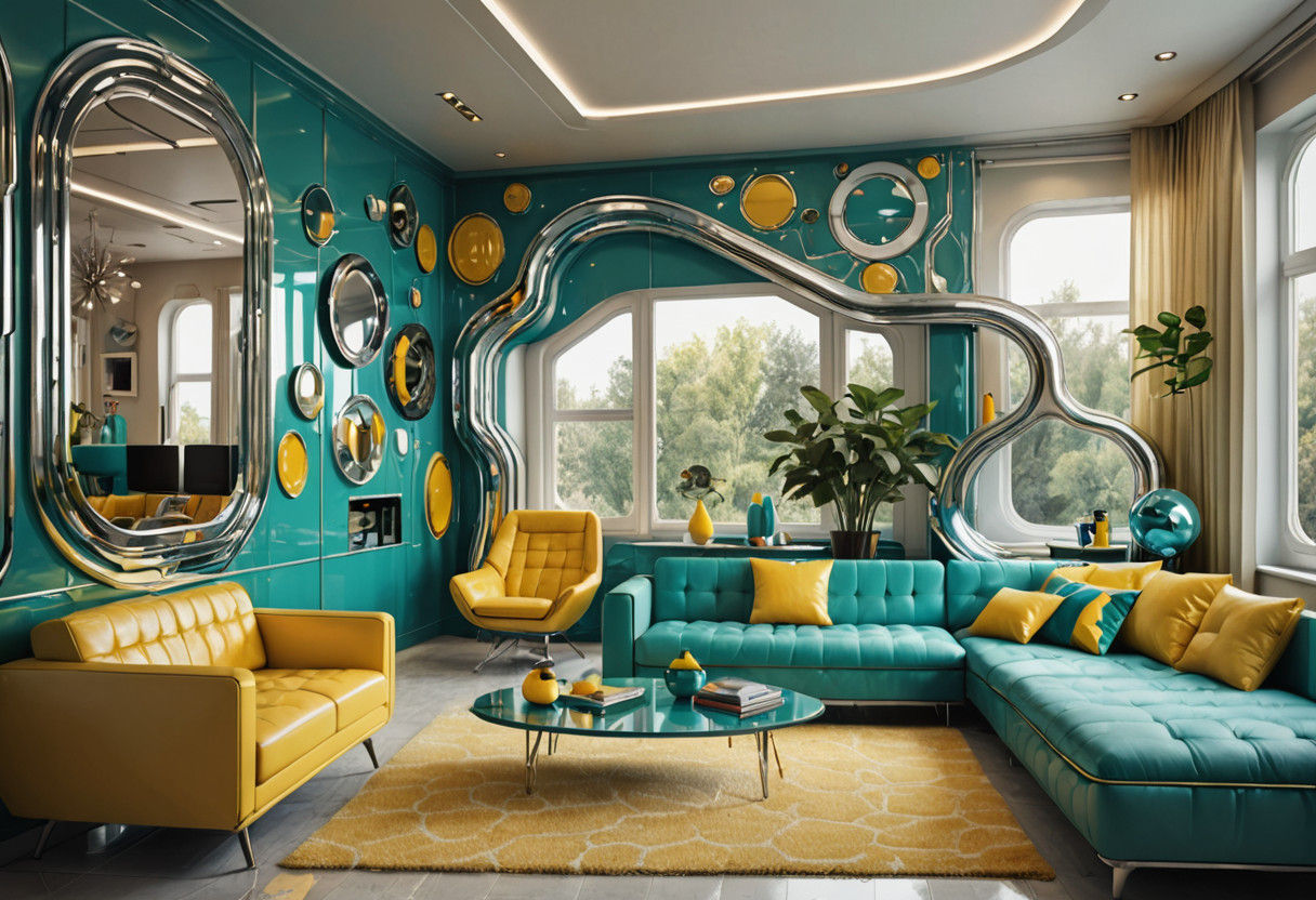 Retro Futuristic Living Room with Chrome Accents - AI Art