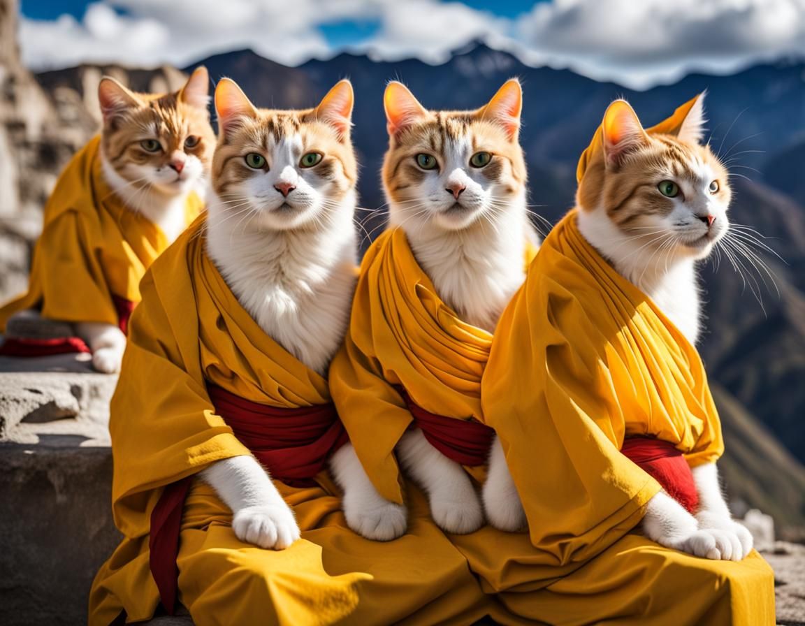 Cats as Buddhist monks in Tibet. Human like, Potala, high mountains ...