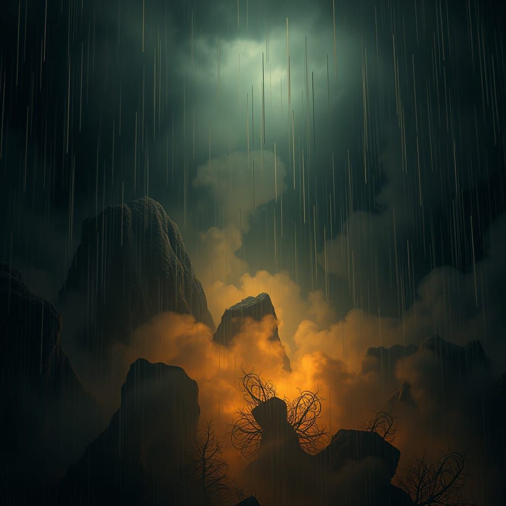 Dark, foreboding mist swirls, suffocating the scene, as torrential ...
