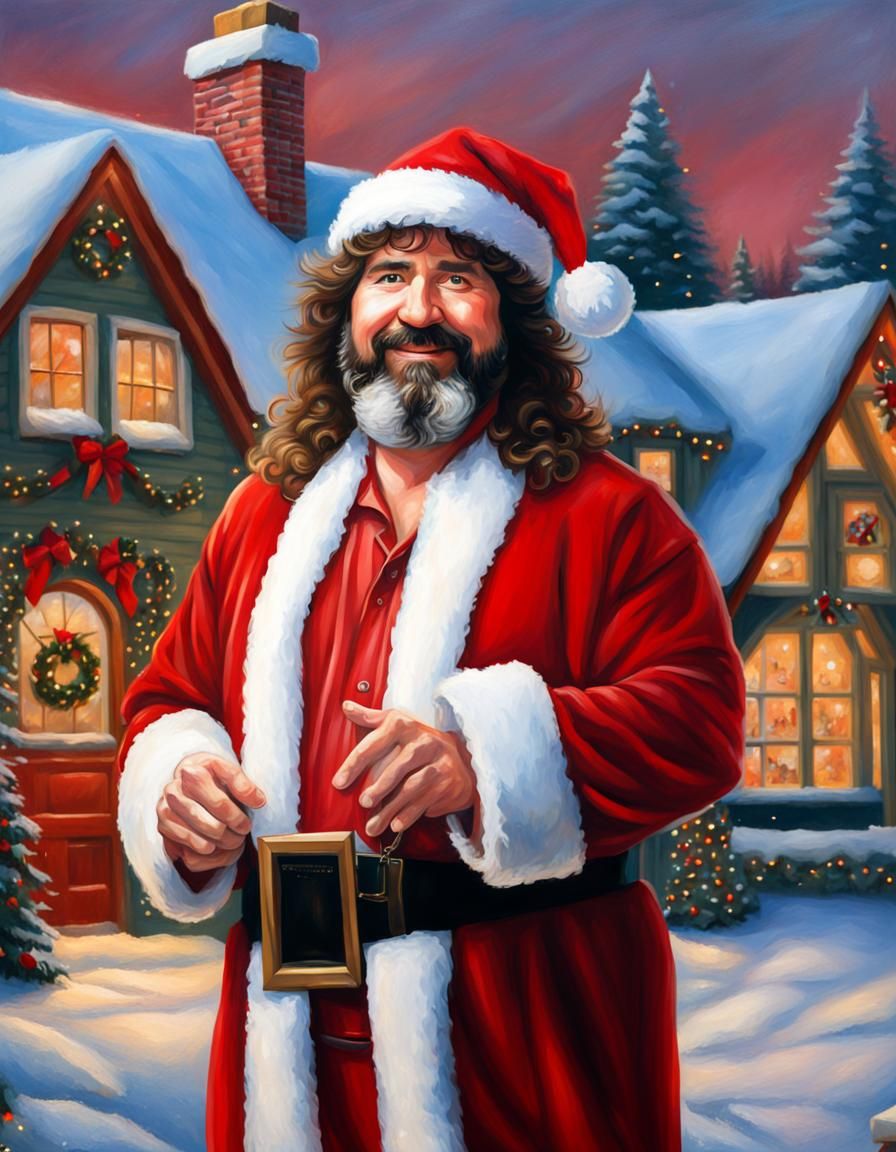 Mick Foley dressed as santa in front of santas village Thomas Kinkade ...