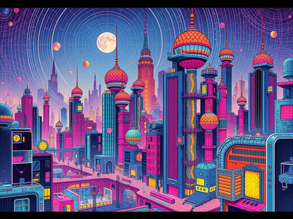 Retrofuturistic Cityscape in Vibrant Teslapunk Sty... - AI Art