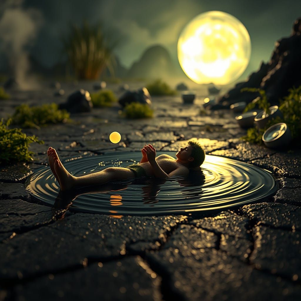 Swimmer in Dystopian Puddle, Avant-Garde Surrealis... - AI Art