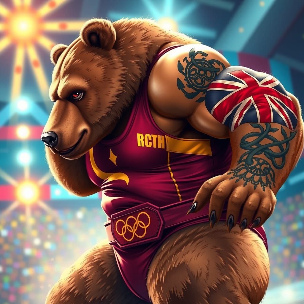 The Bruiser Bear - Muscled Brown Bear Wrestles in Burgundy S...