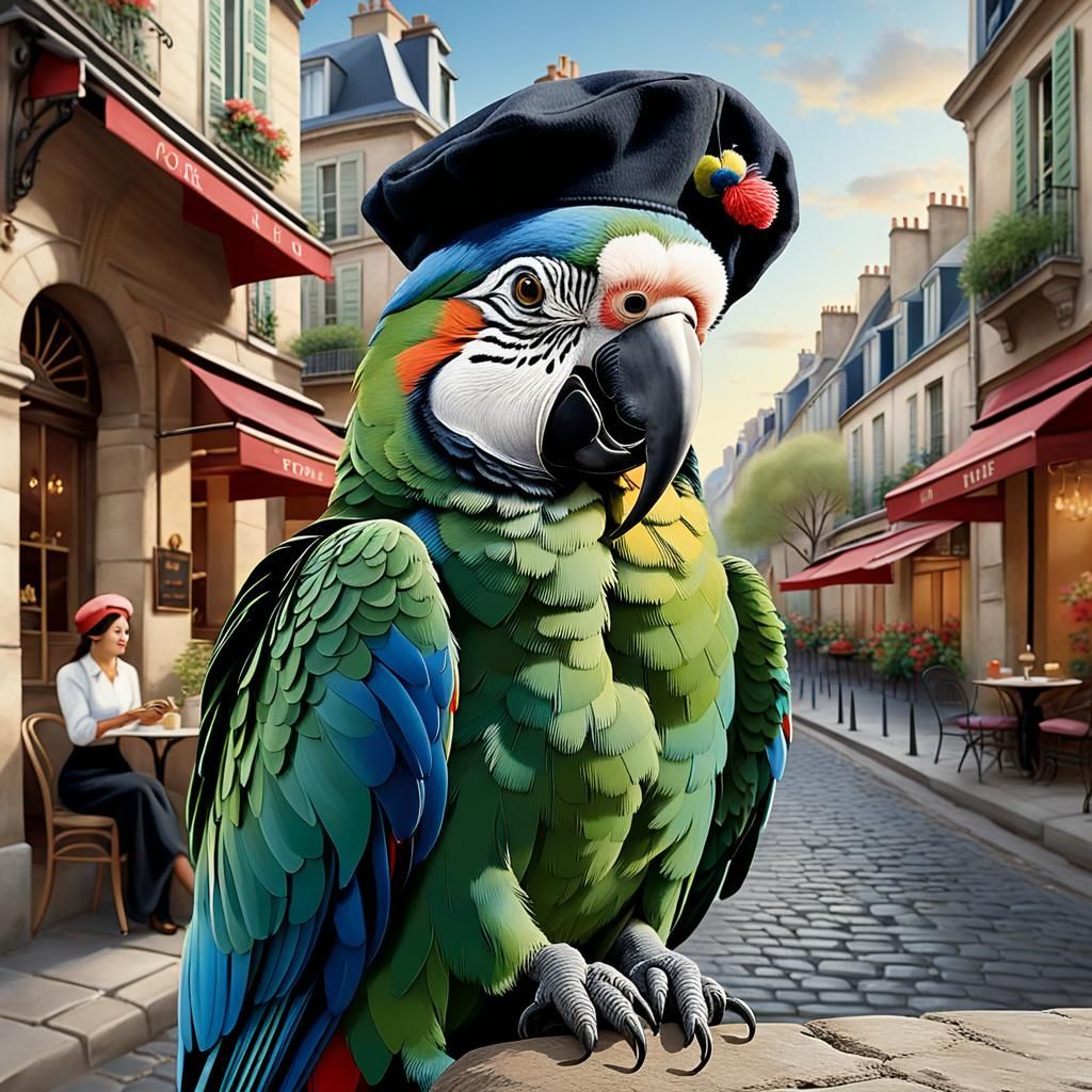 An enchanting illustration of a French parrot, adorned with a beret and ...