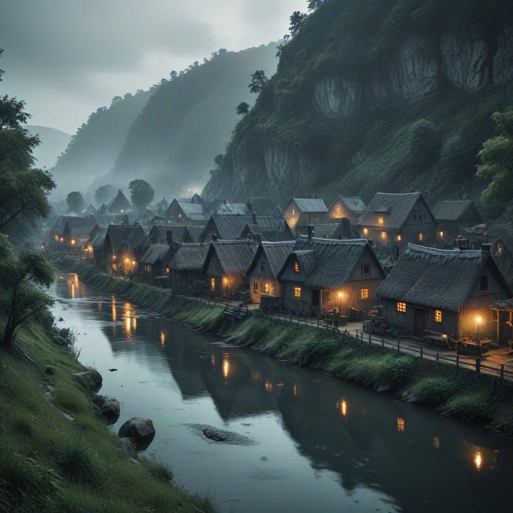 Creepy village on a river - Eerie Riverside Village: A Myste...